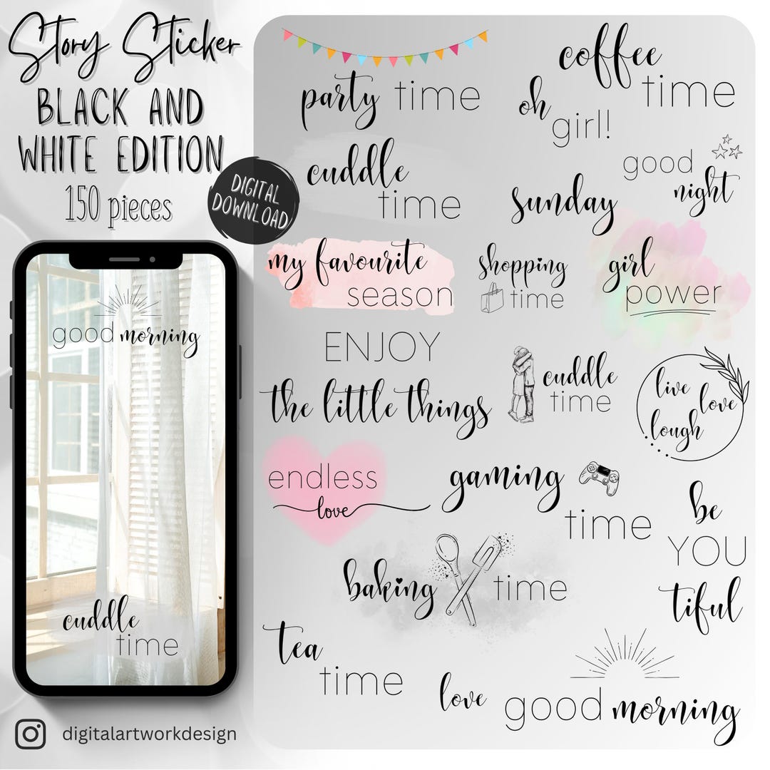 150 Story Sticker Instagram Black & White English Black White ...
