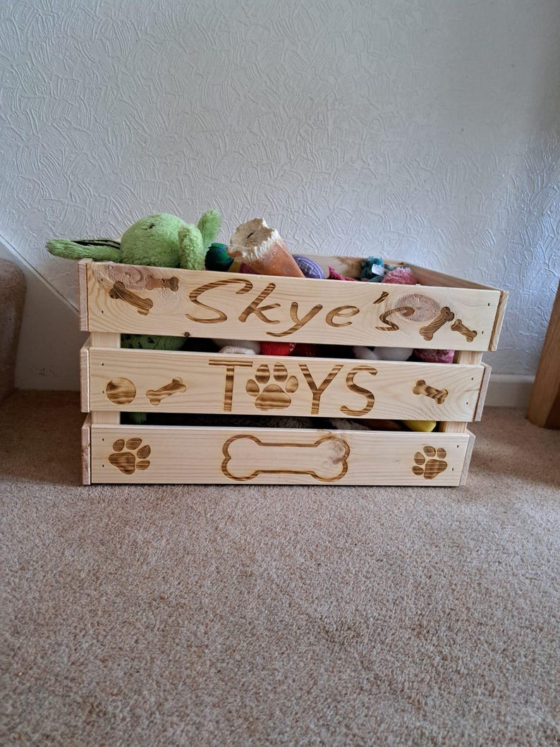 Dog Toy Box, Wooden Crate, Personalised For, New Puppy, Pet Supplies ...