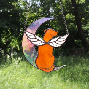 Suncatcher Dog With Wings on the Moon Stained Glass Decor Handmade Gift ...