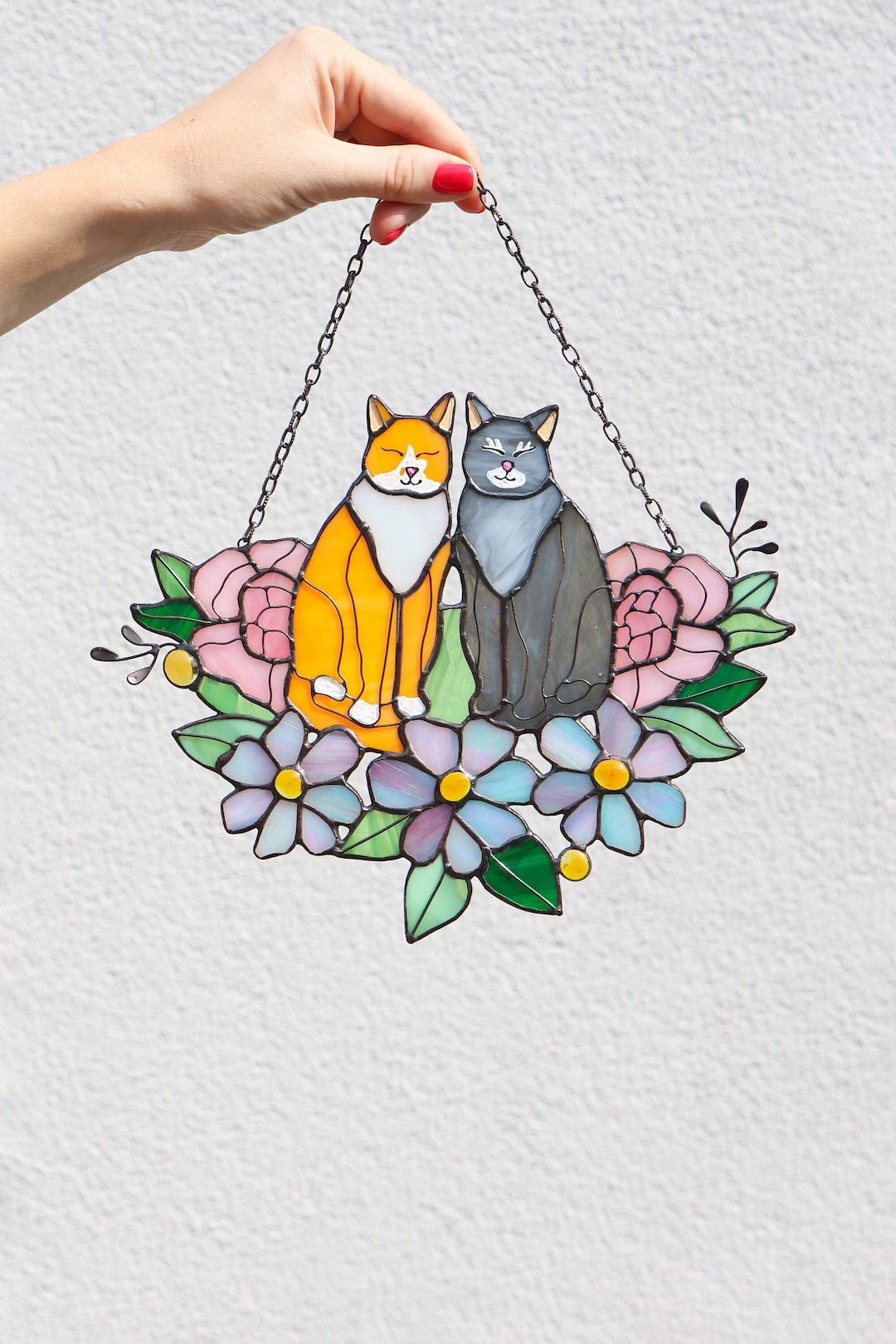 Suncatcher Two Cats in Flowers Stained Glass Window Hangins Glass Wall ...