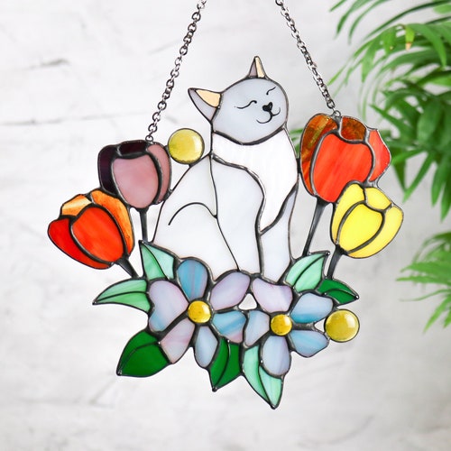 Suncatcher Cat In Tulip Flowers Stained Glass Window Hanging Etsy