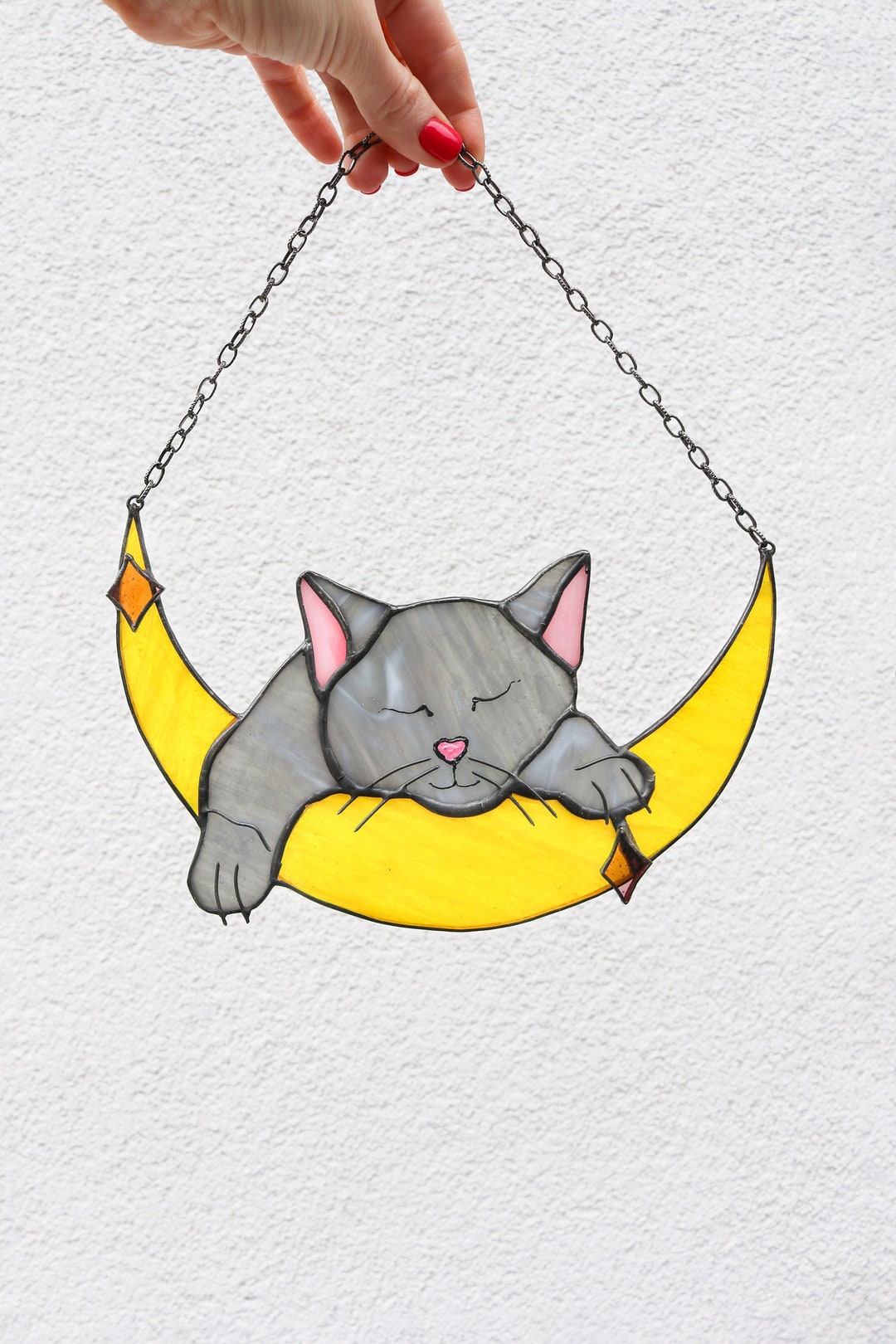 Cat on the Moon Suncatcher Stained Glass Window Hangins Glass Wall ...