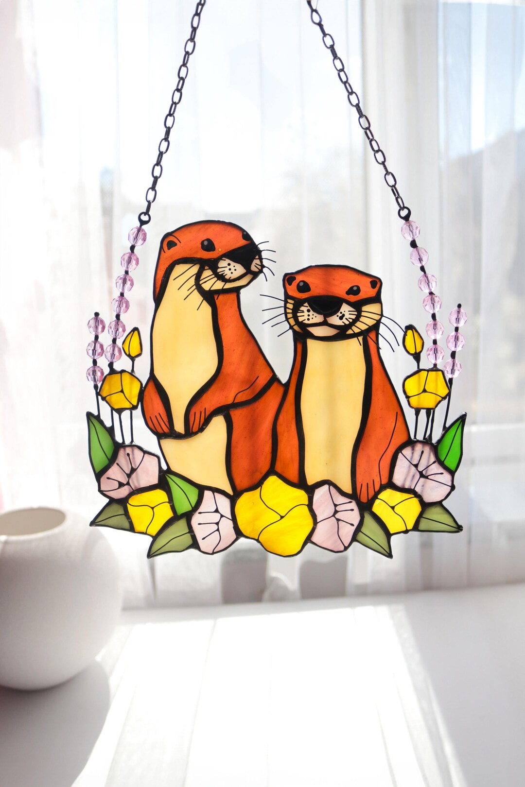 Otters in Flowers Suncatcher Stained Glass Window Hangins Glass Wall ...