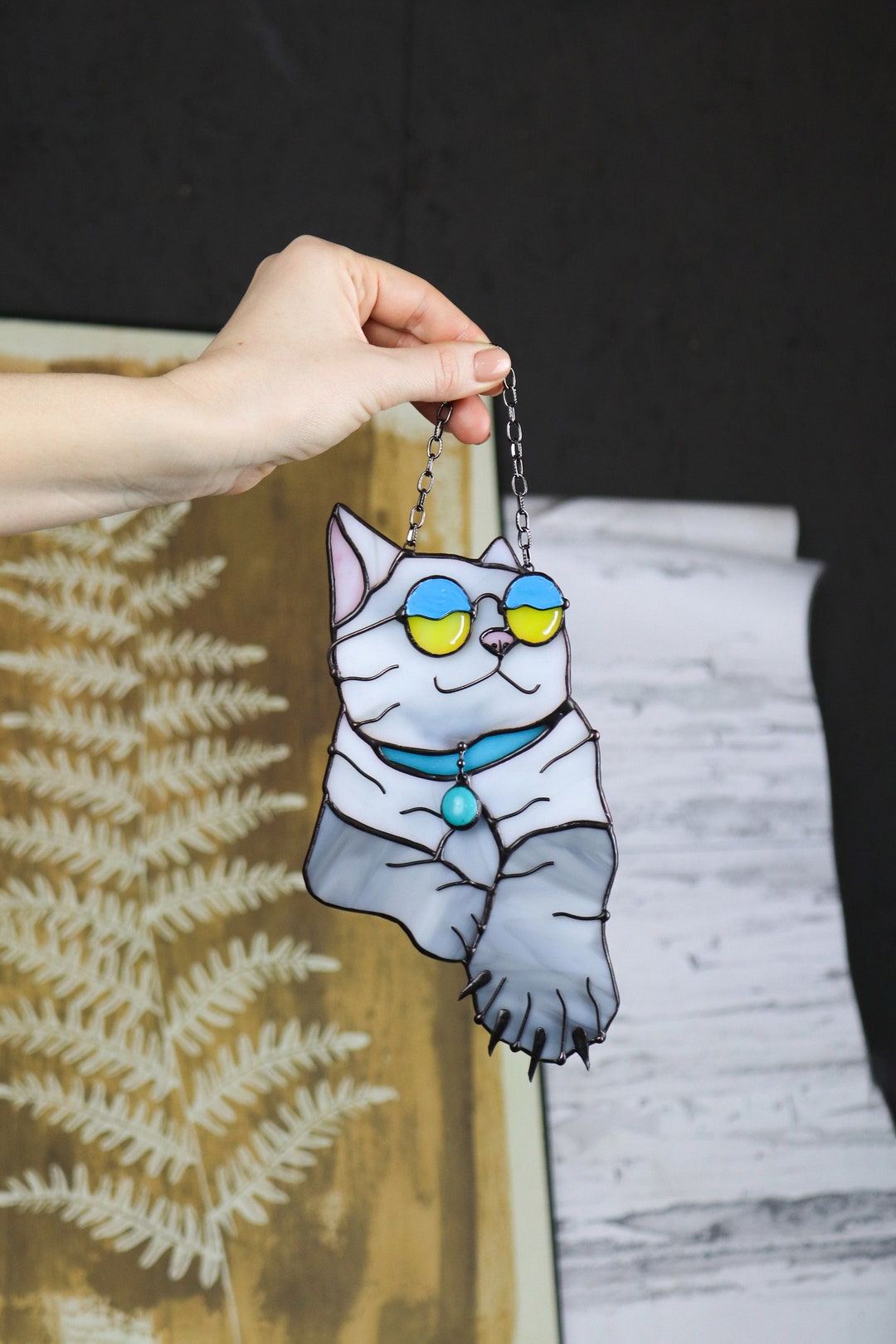 Suncatcher Light Grey Cat in Round Glasses Stained Hanging Decor Cat ...