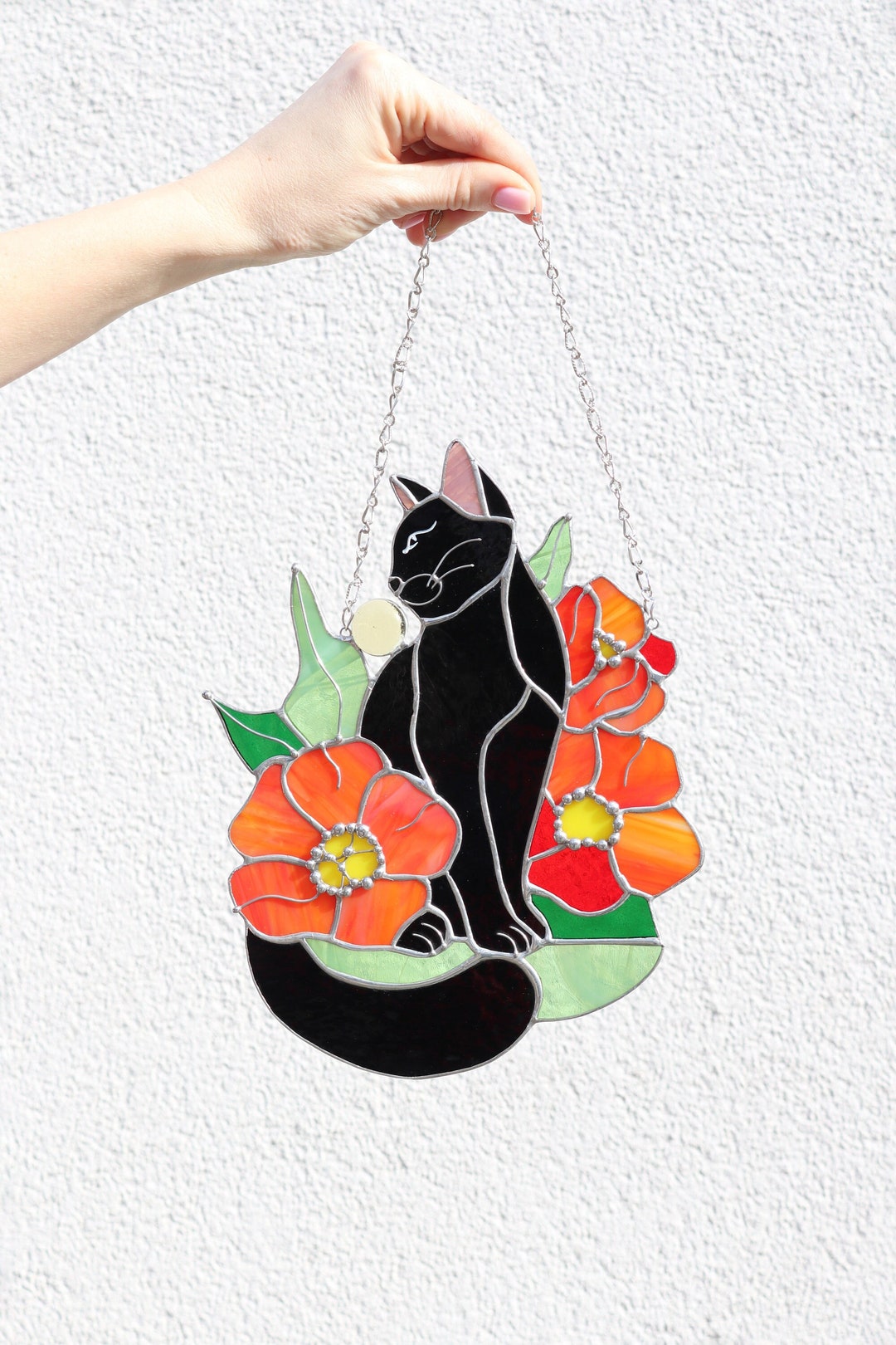 Suncatcher Black Cat in Poppy Flowers Stained Glass Window Hangins ...