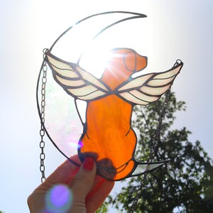 Suncatcher Dog With Wings on the Moon Stained Glass Decor Handmade Gift ...