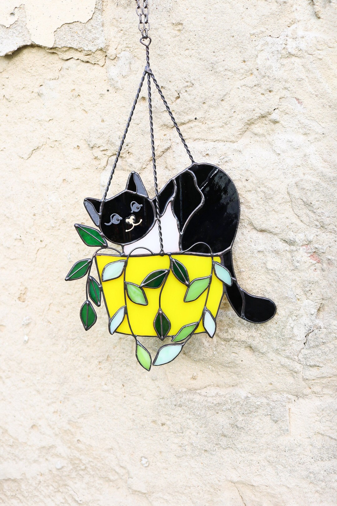Cat in a Flowerpot Suncatcher Stained Glass Window Hangins Glass Wall ...