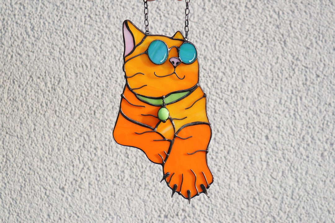 Suncatcher Orange Cat in Round Glasses Stained Hanging Decor Cat Art ...