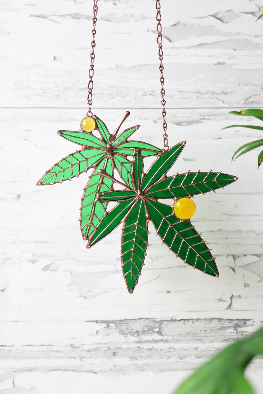 Suncatcher Cannabis Leaves Stained Glass Window Hanging Decor Plant Art ...