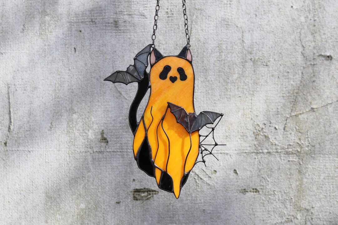 Suncatcher Orange Cat-ghost Stained Glass Gothic Hanging Decor Cat Art ...