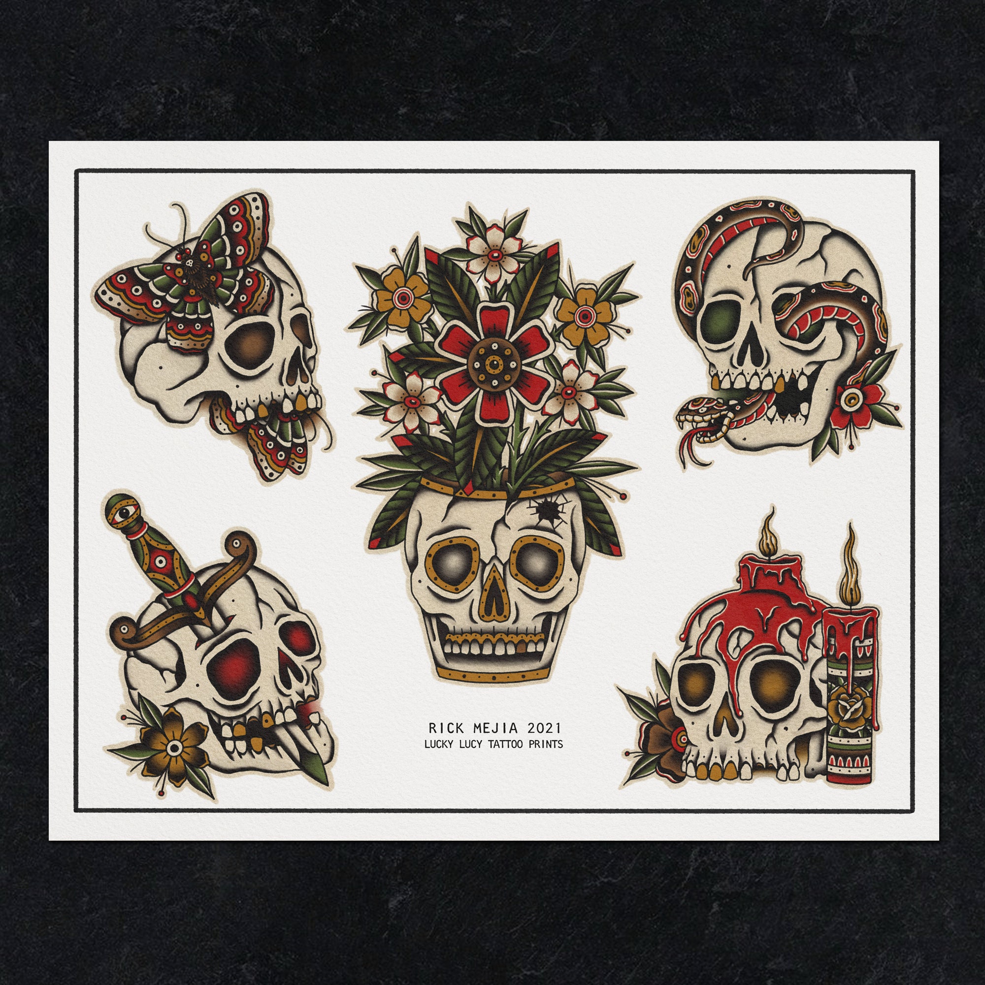 Original American Traditional Tattoo Flash Print Skull Traditional