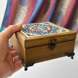 Handcrafted Wooden Jewelry Box With Authentic Iznik Tile Lid and Velvet ...