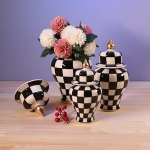 Red Striped Checkered Ceramic Jar With Lid, Set of 3, Handmade Turkish ...