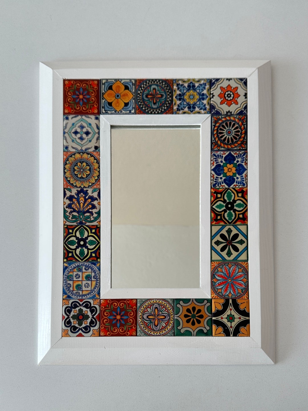 White Wooden Framed With Rustic Tile Mirror, Customizable Tile Mirror ...