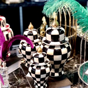 Red Striped Checkered Ceramic Jar With Lid, Set of 3, Handmade Turkish ...