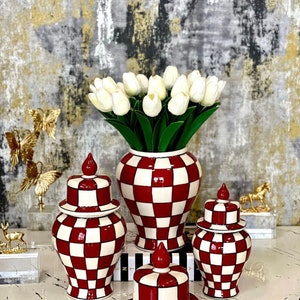 Red Striped Checkered Ceramic Jar With Lid, Set of 3, Handmade Turkish ...