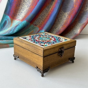 Handcrafted Wooden Jewelry Box With Authentic Iznik Tile Lid and Velvet ...