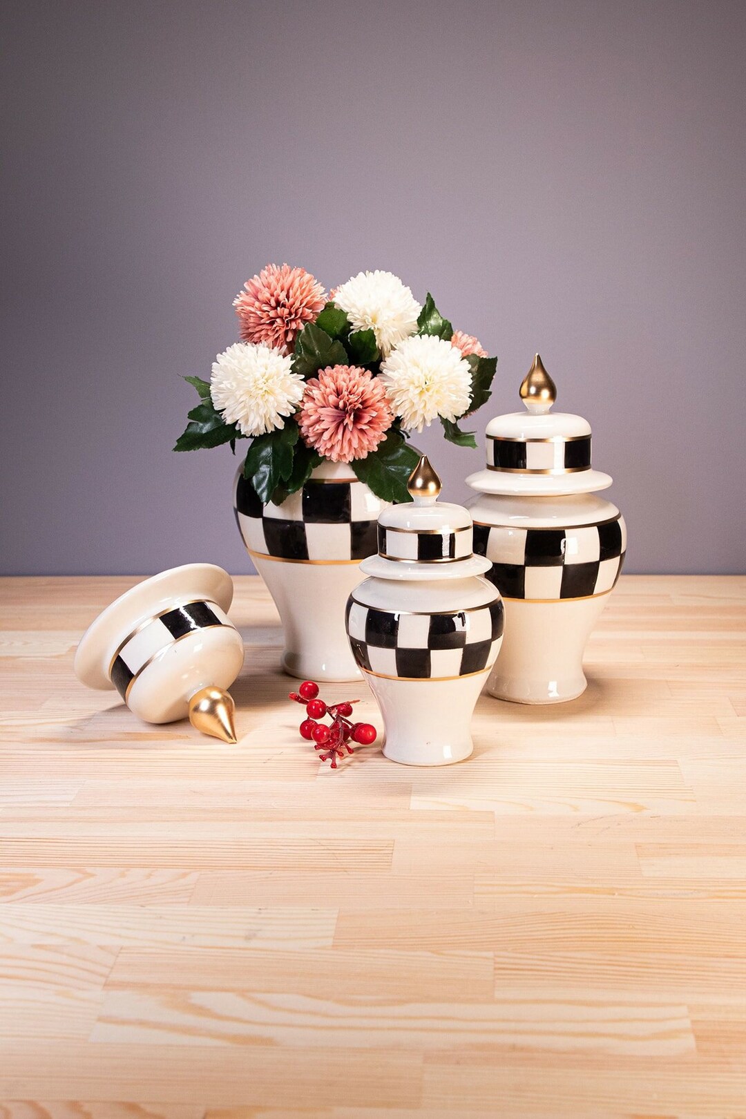 Black and White Checkered Vase, Modern Design, Ceramic Vase With Lid ...