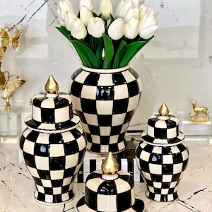 Red Striped Checkered Ceramic Jar With Lid, Set of 3, Handmade Turkish ...