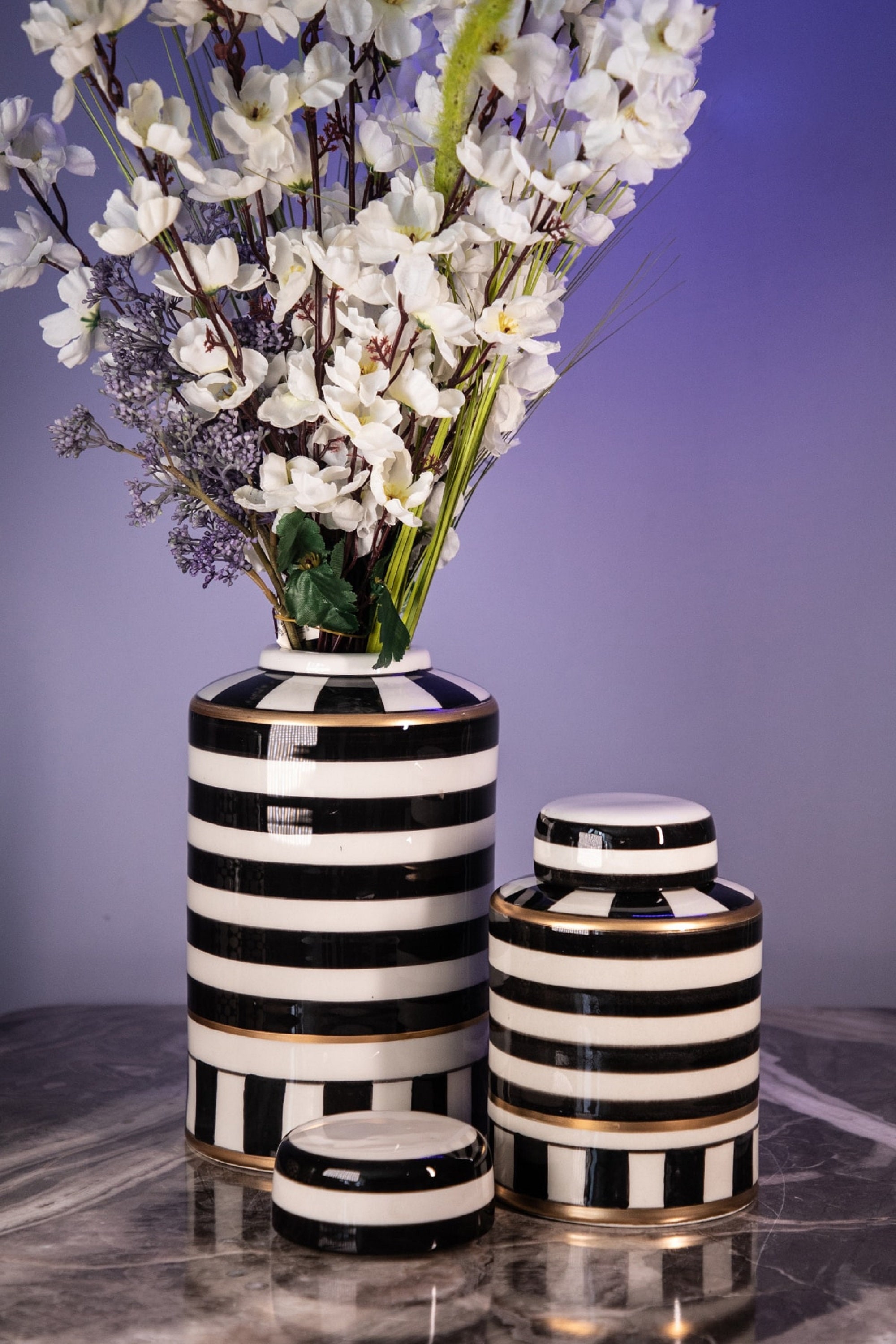Black and White Striped Vase Set Set of 2 With Lid Handmade - Etsy