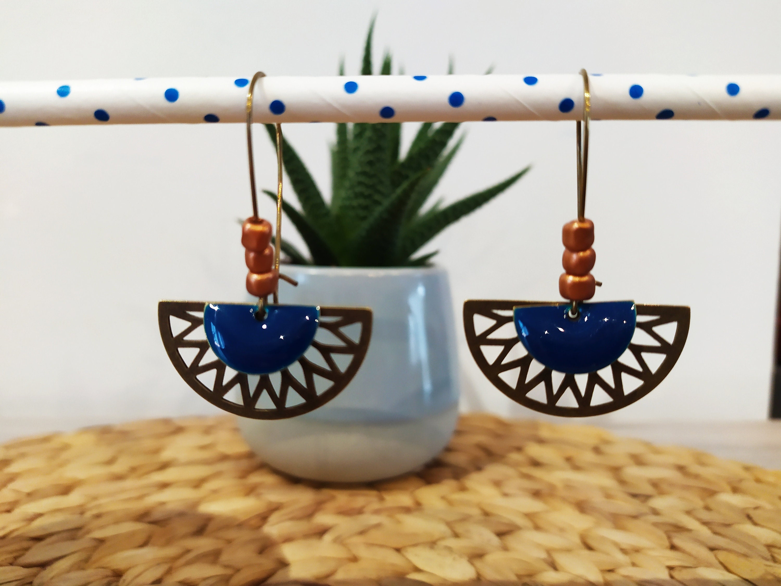 Sleepy rings epoxy enamelled blue semi-circle rosette bronze | Etsy