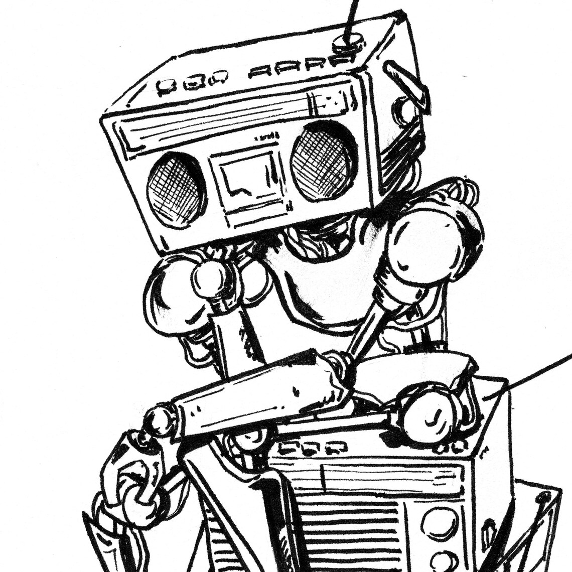 Robot Art Print, Robot Illustration, Black and White Original Art, Ink ...