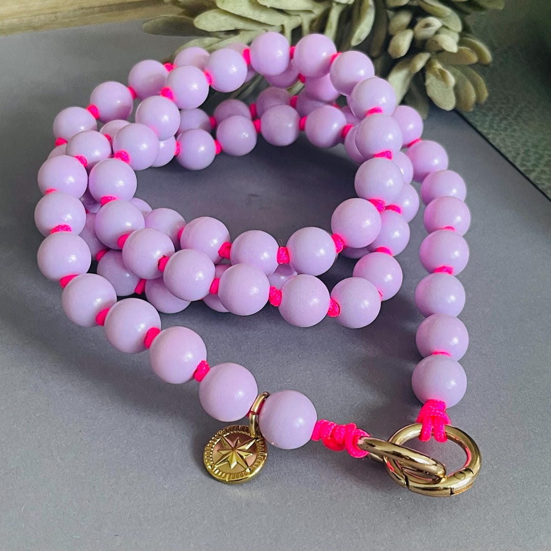 Phone Chain Crossbody Wooden Beads Pink Ribbon Neon Pink Key Chain Wood ...