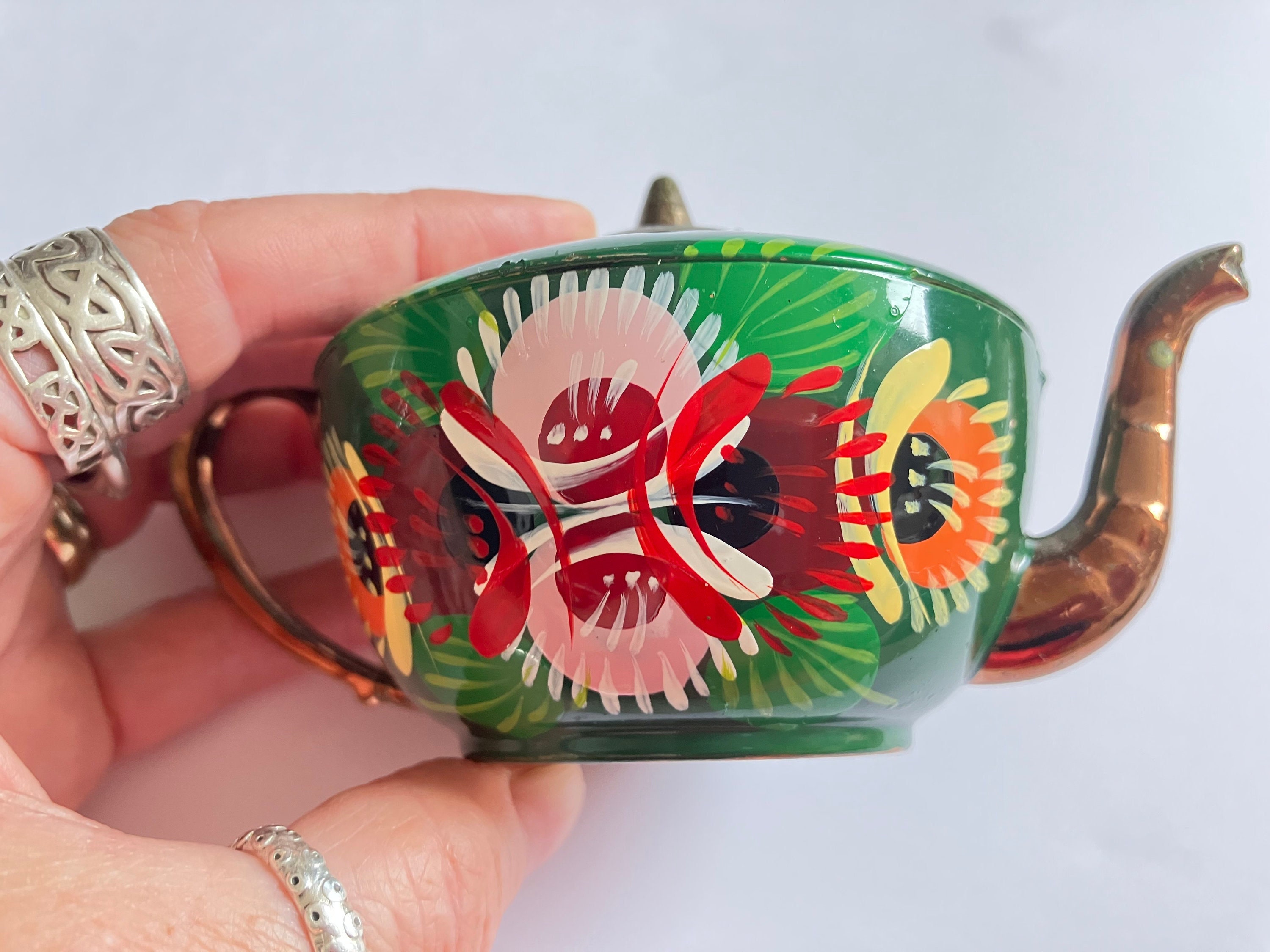 Hand Painted Miniature Teapot, Barge Kettle, Vintage Collectible Copper ...