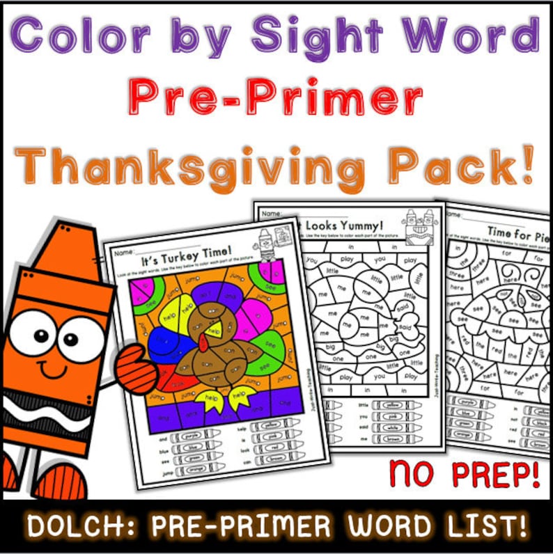 Color by Sight Word Pre-primer Thanksgiving Activity Pack! - Etsy