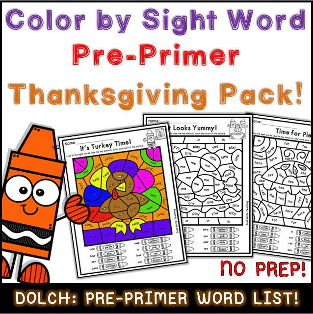Color by Sight Word Pre-primer Thanksgiving Activity Pack! - Etsy