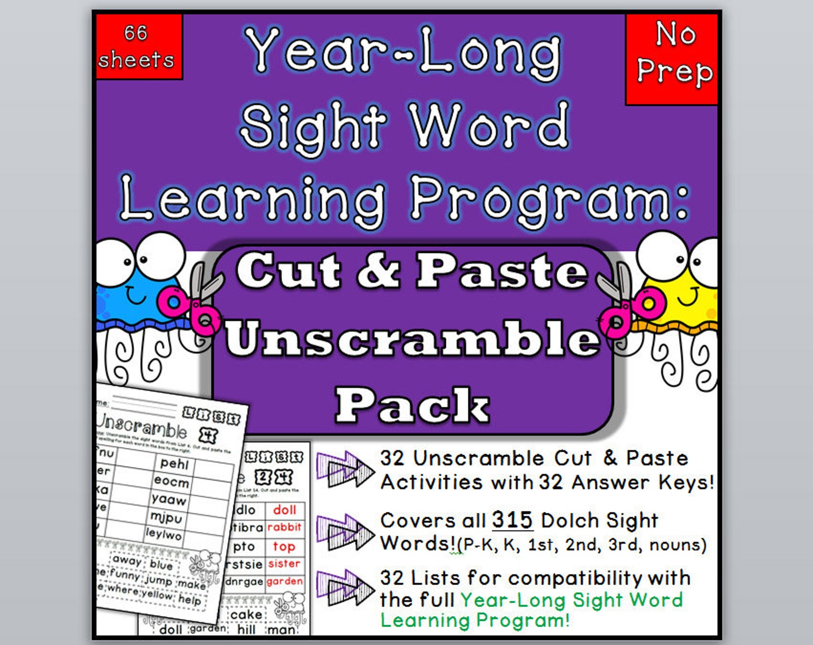 Sight Word Unscramble Cut and Paste Activity Pack 32 | Etsy