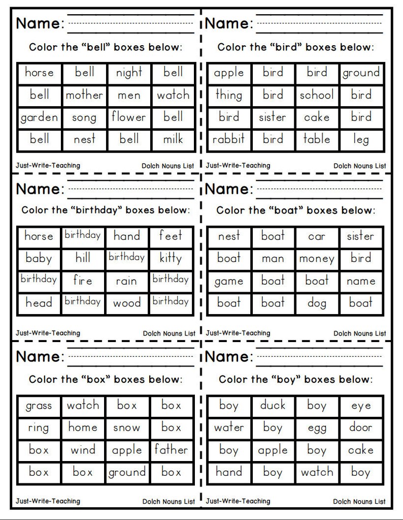 Dolch Nouns List Sight Word Task Cards - Etsy
