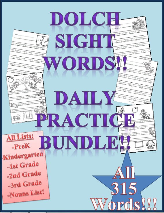 Sight Word Practice Daily Worksheets bundle All 6 Dolch Lists Distance ...