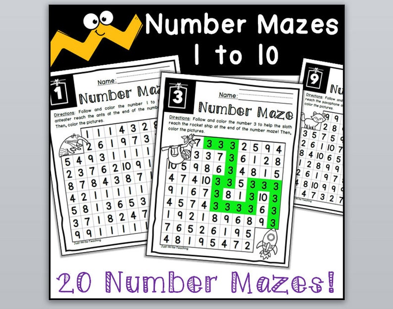 Number Mazes for Number Recognition Practice (1 to 10) - Etsy