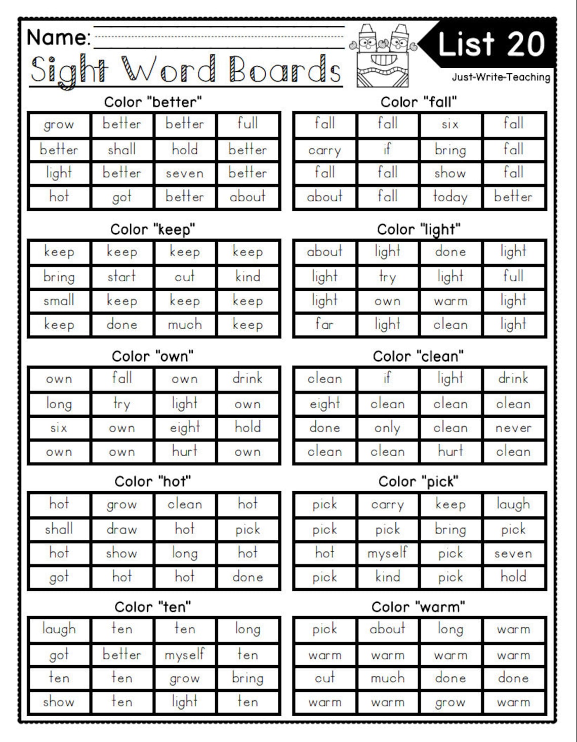 Sight Word Activities - Word Boards - Etsy