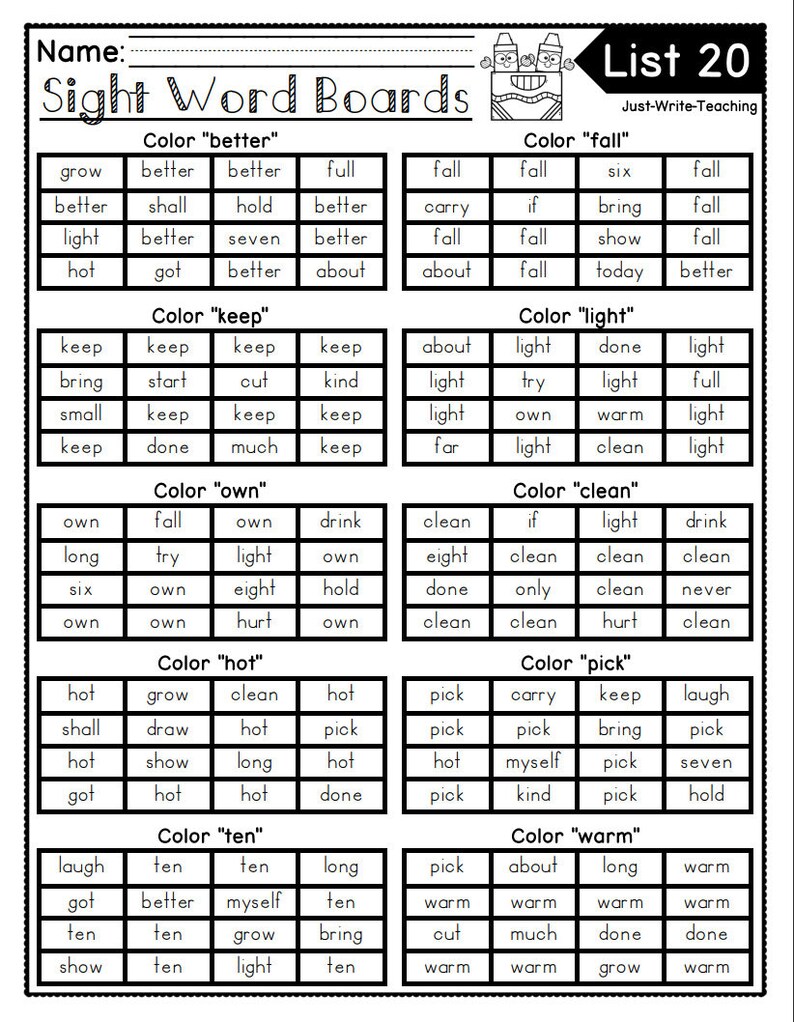 Sight Word Activities - Word Boards - Etsy