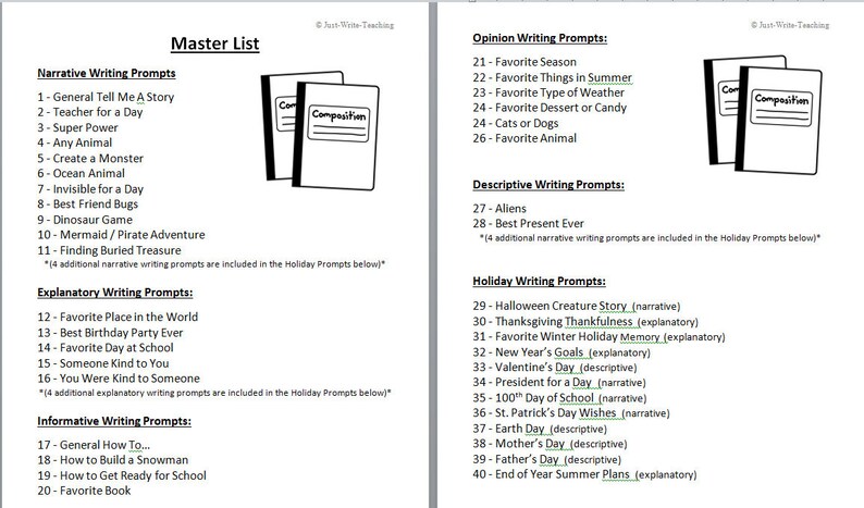 40 Elementary Writing Prompts (year-long, Fun & Engaging) Assessment ...
