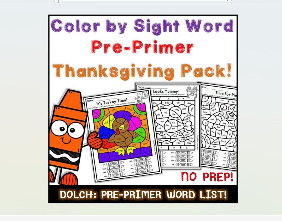 Color by Sight Word Pre-primer Thanksgiving Activity Pack! - Etsy