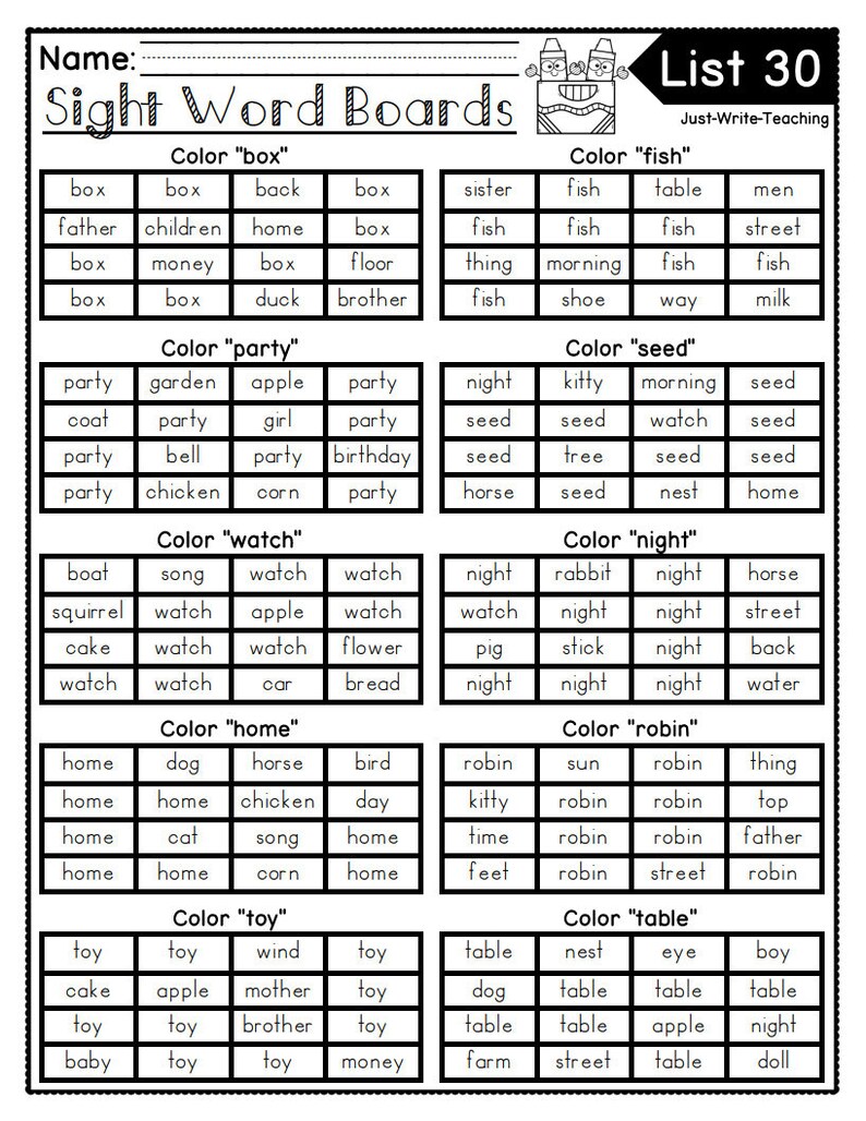 Sight Word Activities - Word Boards - Etsy
