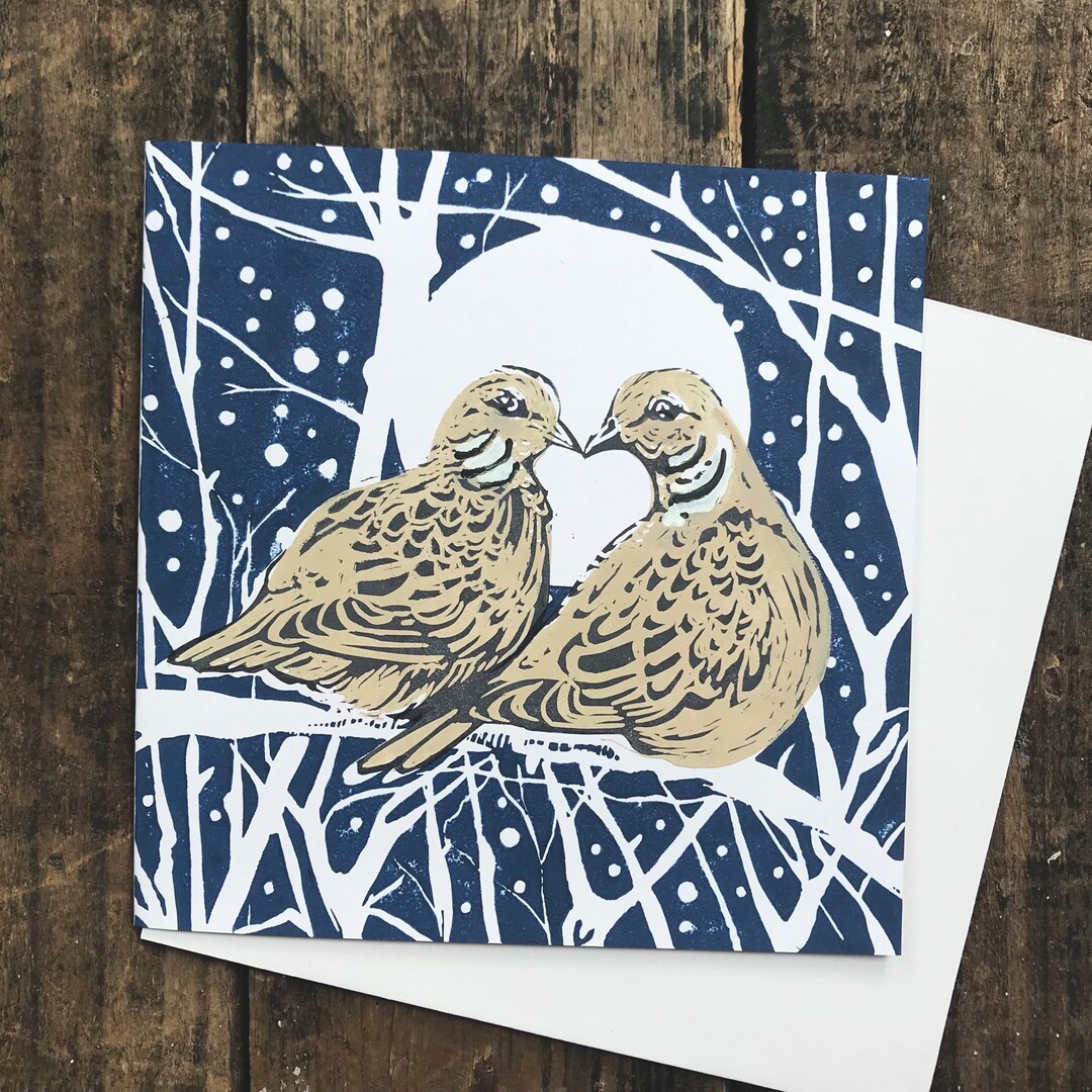 Lino Print Christmas Card.two Turtle Doves.handmade.woodland Trees/full ...