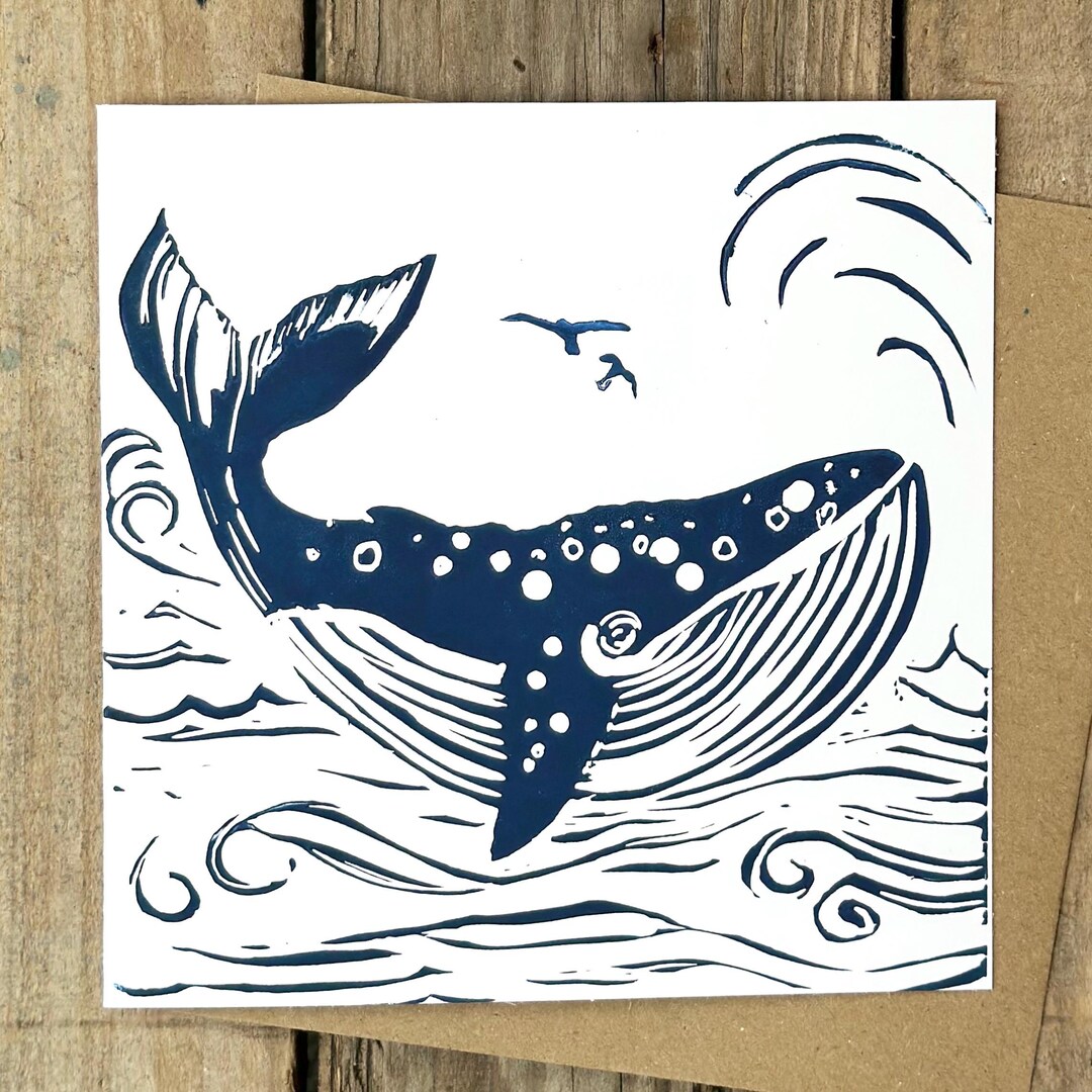 Whale Lino Print Card. Hand Printed Beach Lovers,coastal Card.sealife ...