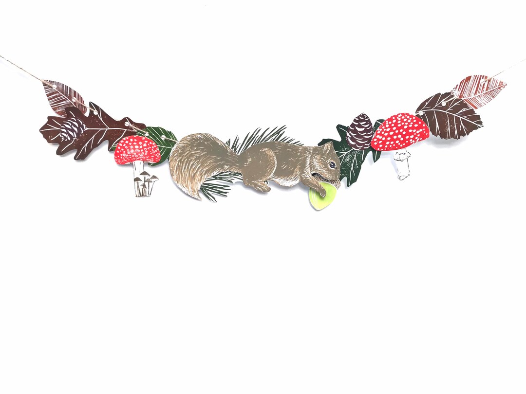 Lino Print Woodland Squirrel Garland.fly Agaric Mushrooms.hand Printed ...