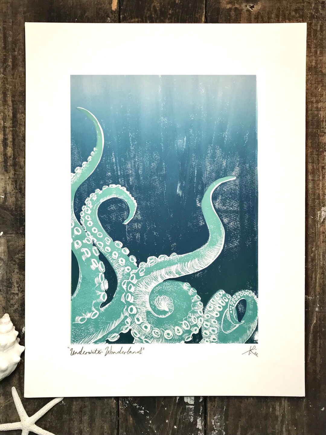 Octopus Lino Print With 30cmx40cm Mount Wall Art Original Art Etsy