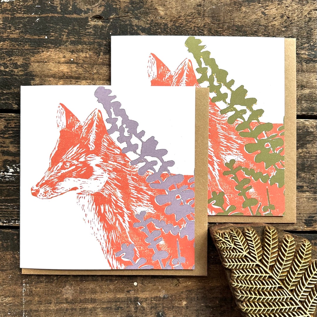 Fox & Flowers,greetings Card.digital Reproduction From My Original Lino ...