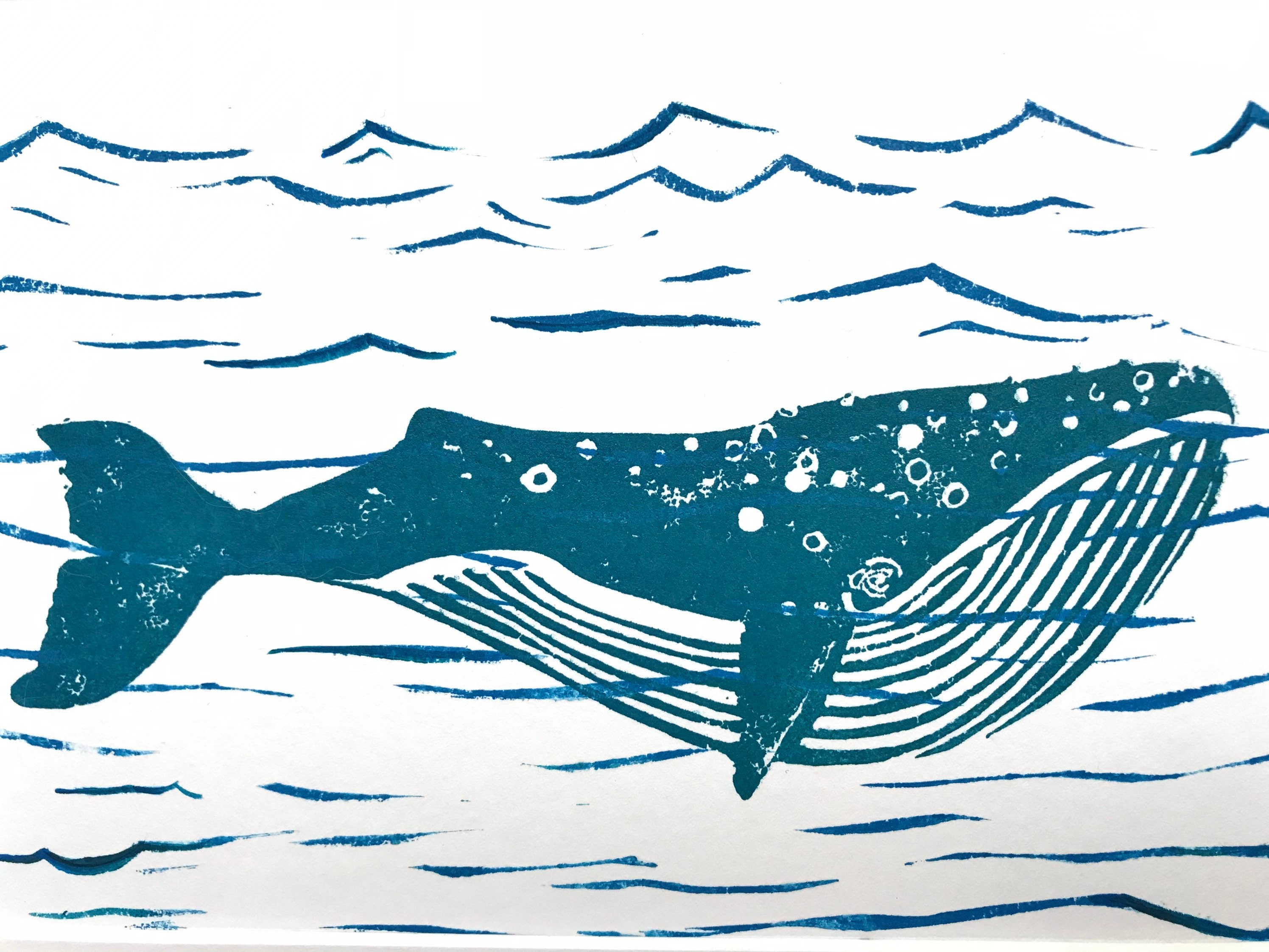 Whale Lino Print.Hand Printed Sea/Nautical Art. Teal Wall Art. | Etsy