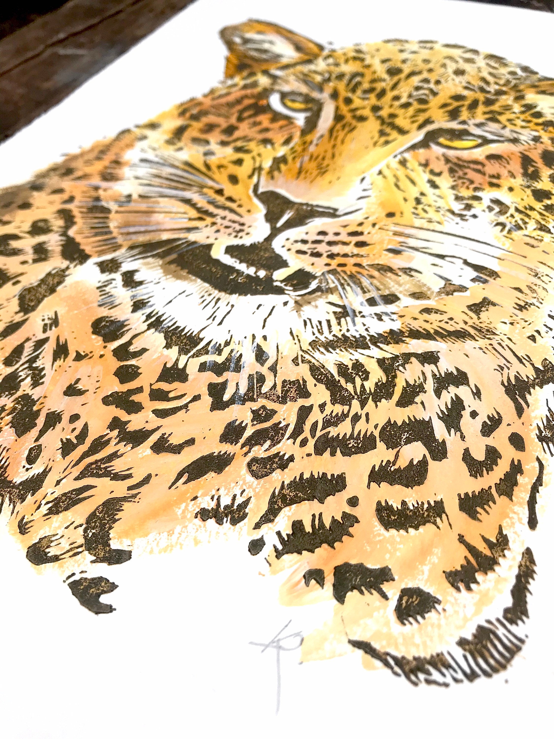 Linocut print Leopard. Hand painted finish. Original artwork | Etsy