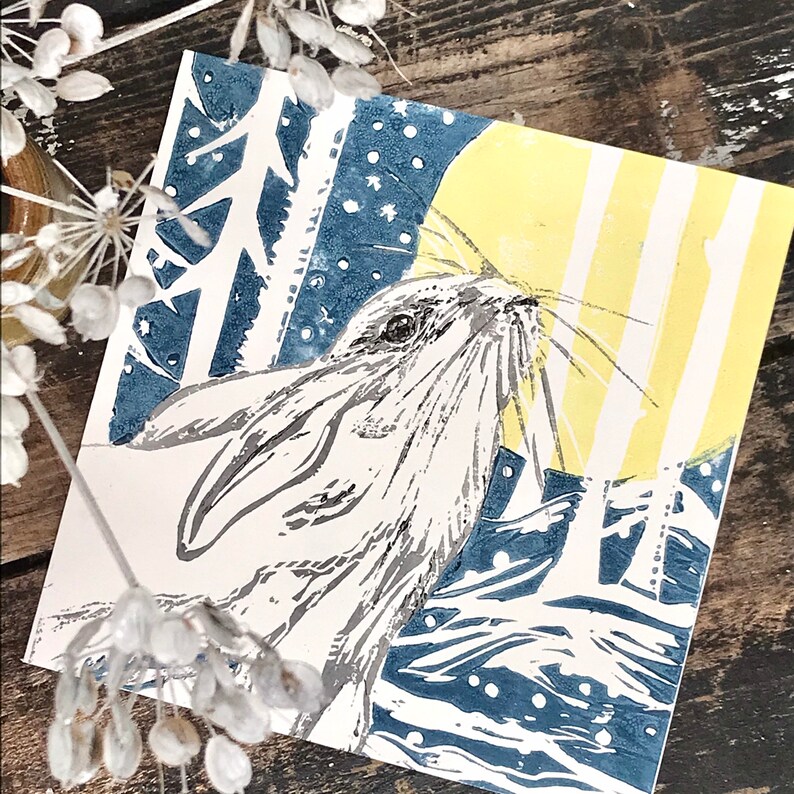 Lino Print Snow Rabbit Greeting Card.eco Friendly Seasonal - Etsy UK
