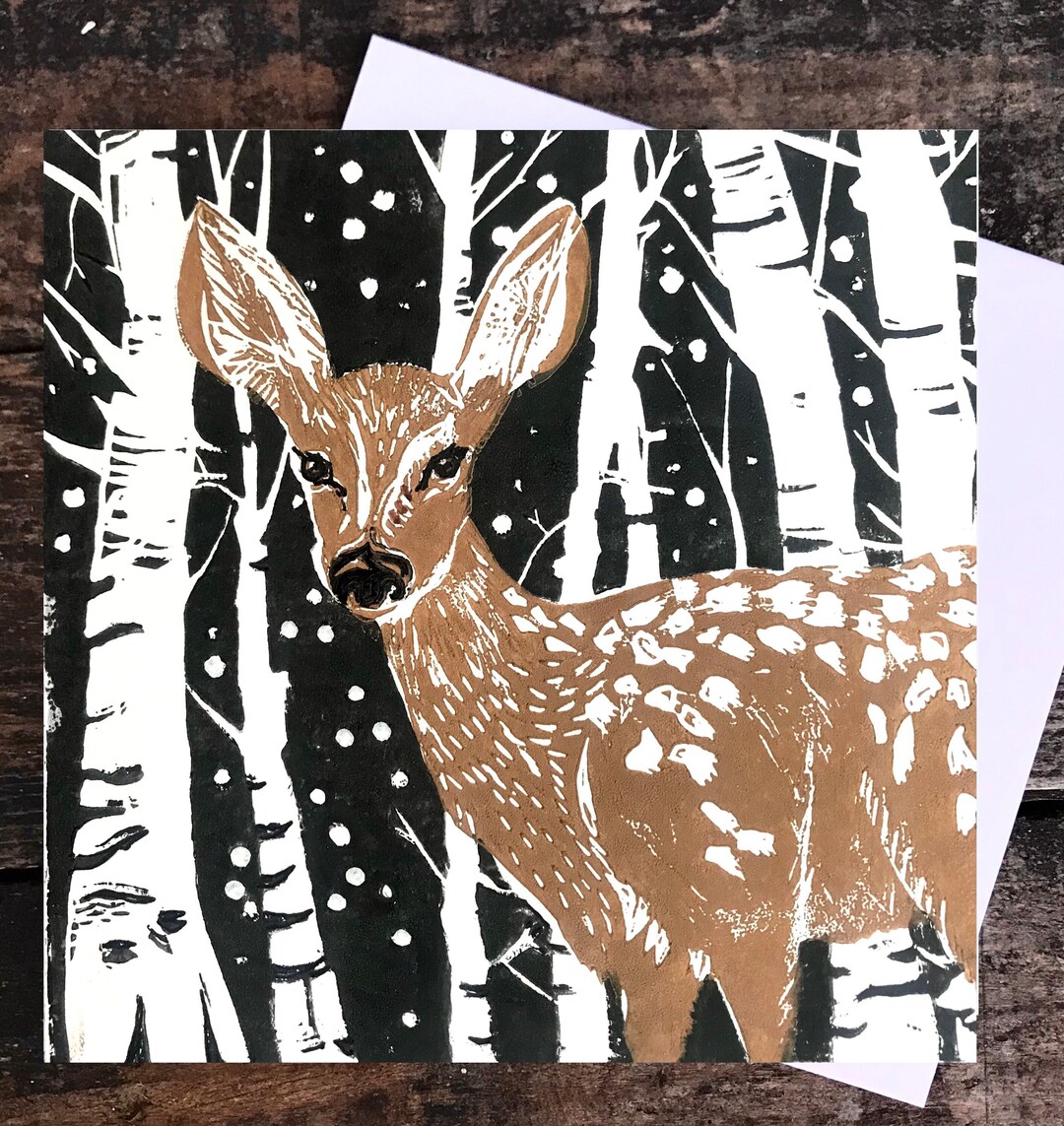 Lino Print Deer Card.rustic Christmas Card.woodland Animal, Hand ...