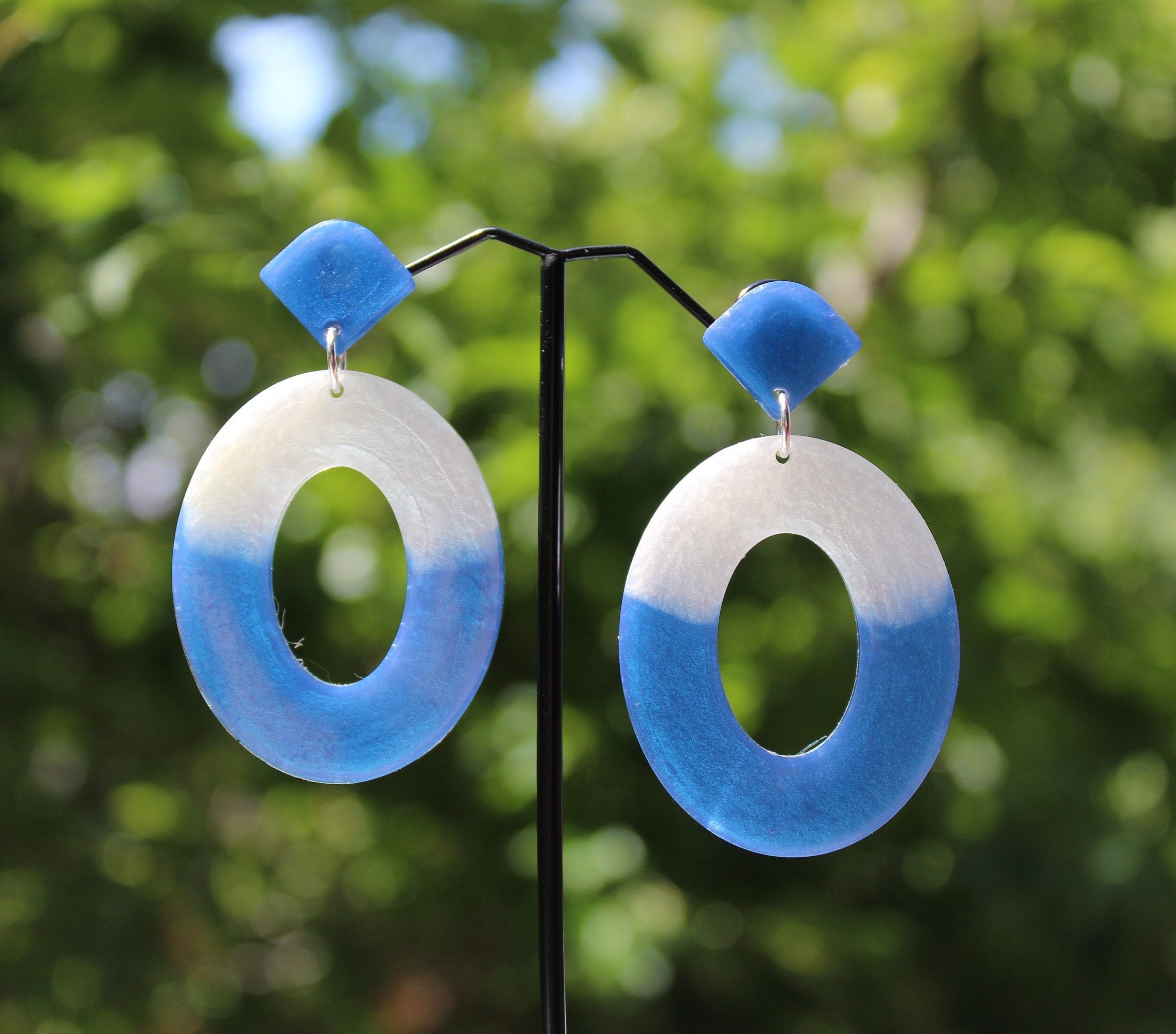 Resin statement earrings white and blue earrings ombré | Etsy