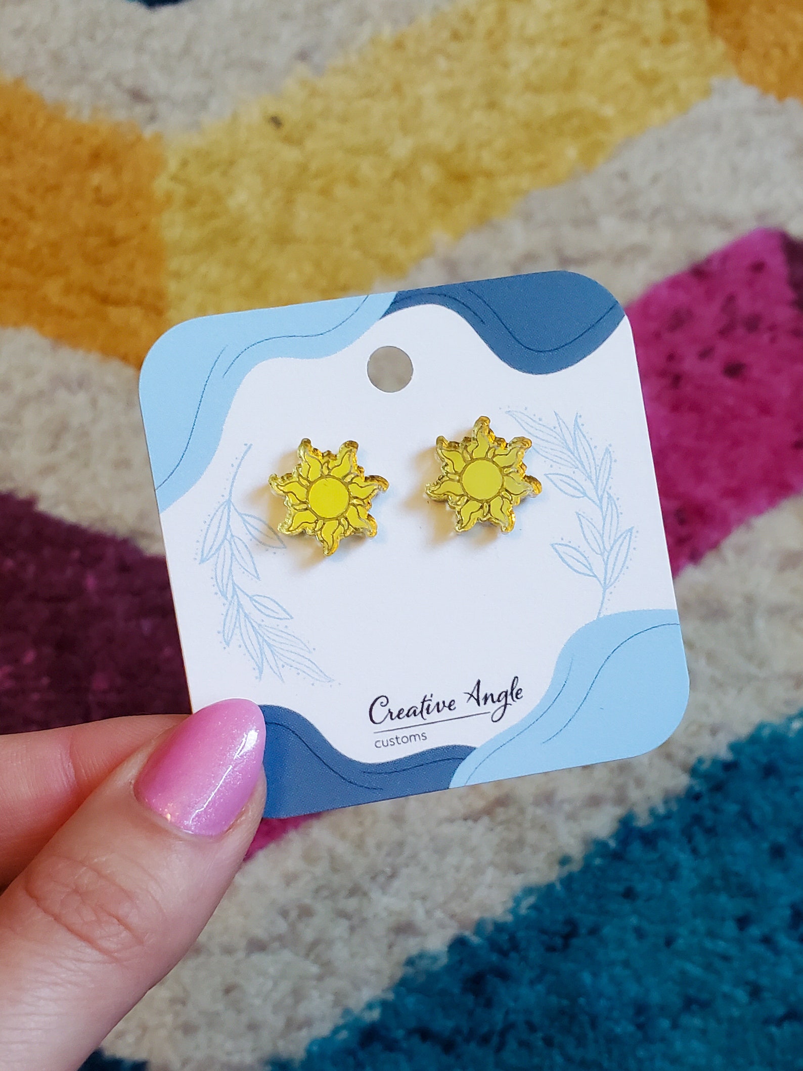 Tangled Inspired Sun Gold Mirror Acrylic Earring Stud With Nickel Free ...